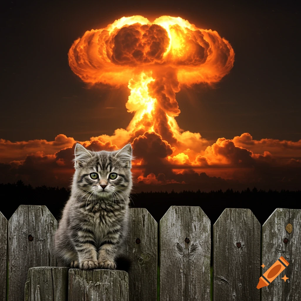 Cat with atomic bomb in background on Craiyon