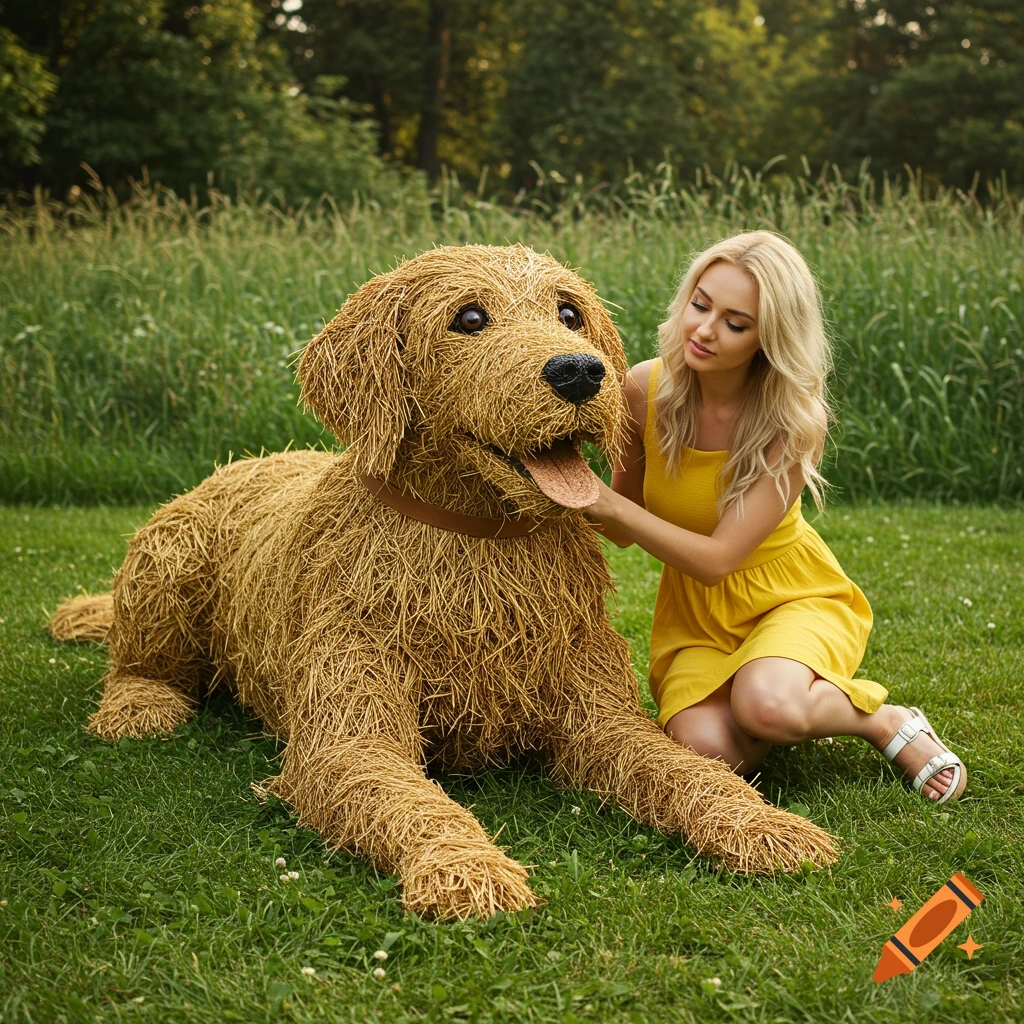 Dog made of straw with attractive female owner in grass on Craiyon