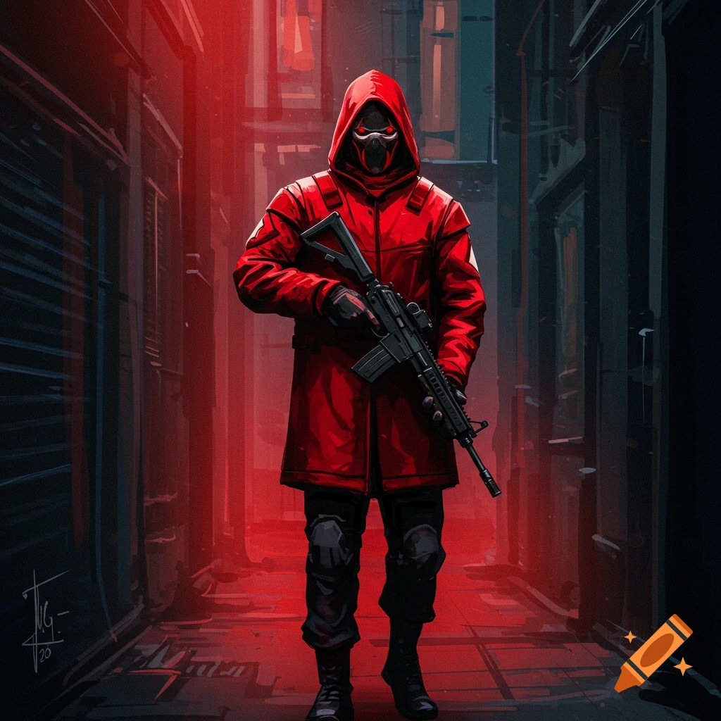 Sci-fi character in black armor with red visor and katana on Craiyon