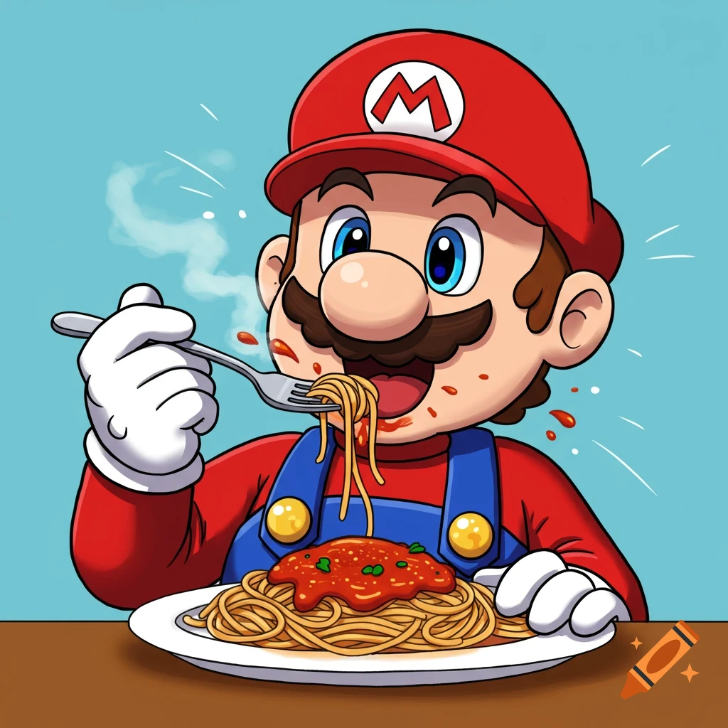 Cartoon illustration of Mario eating spaghetti on Craiyon