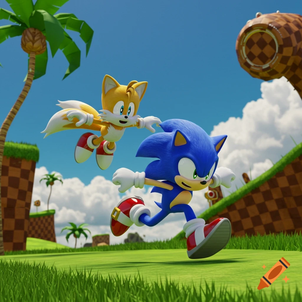 Sonic the Hedgehog running towards a vendor cart in a 3D rendered Green ...