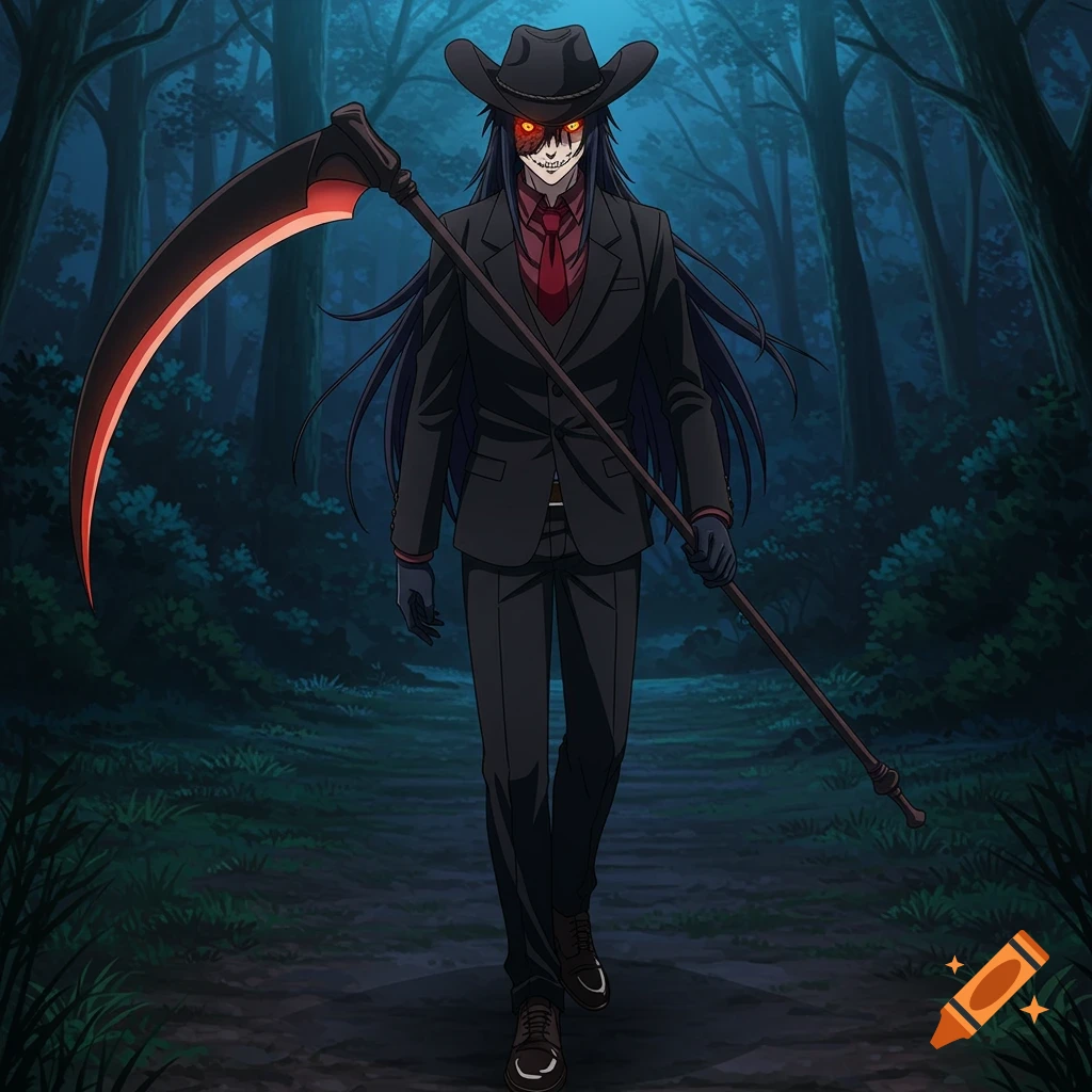 Anime character in suit and hat with scythe walks in dark forest. on ...