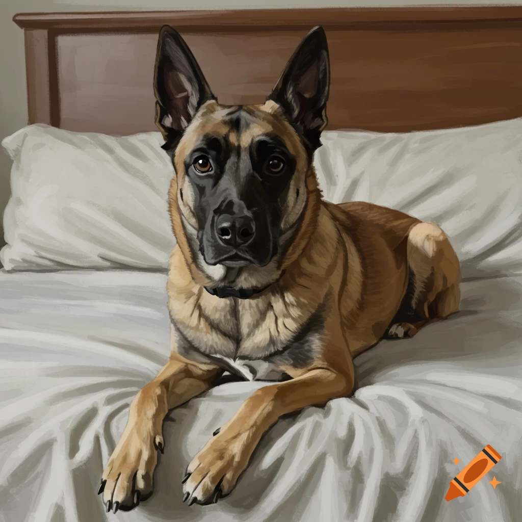 Boxer and Belgian Malinois mix dog lying on bed, relaxed but alert on ...