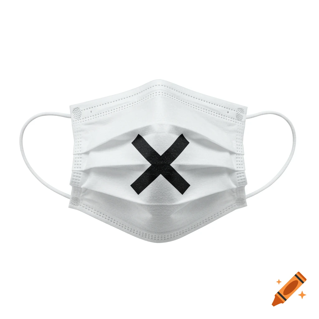 A white medical face mask with a black X in the center on a white ...
