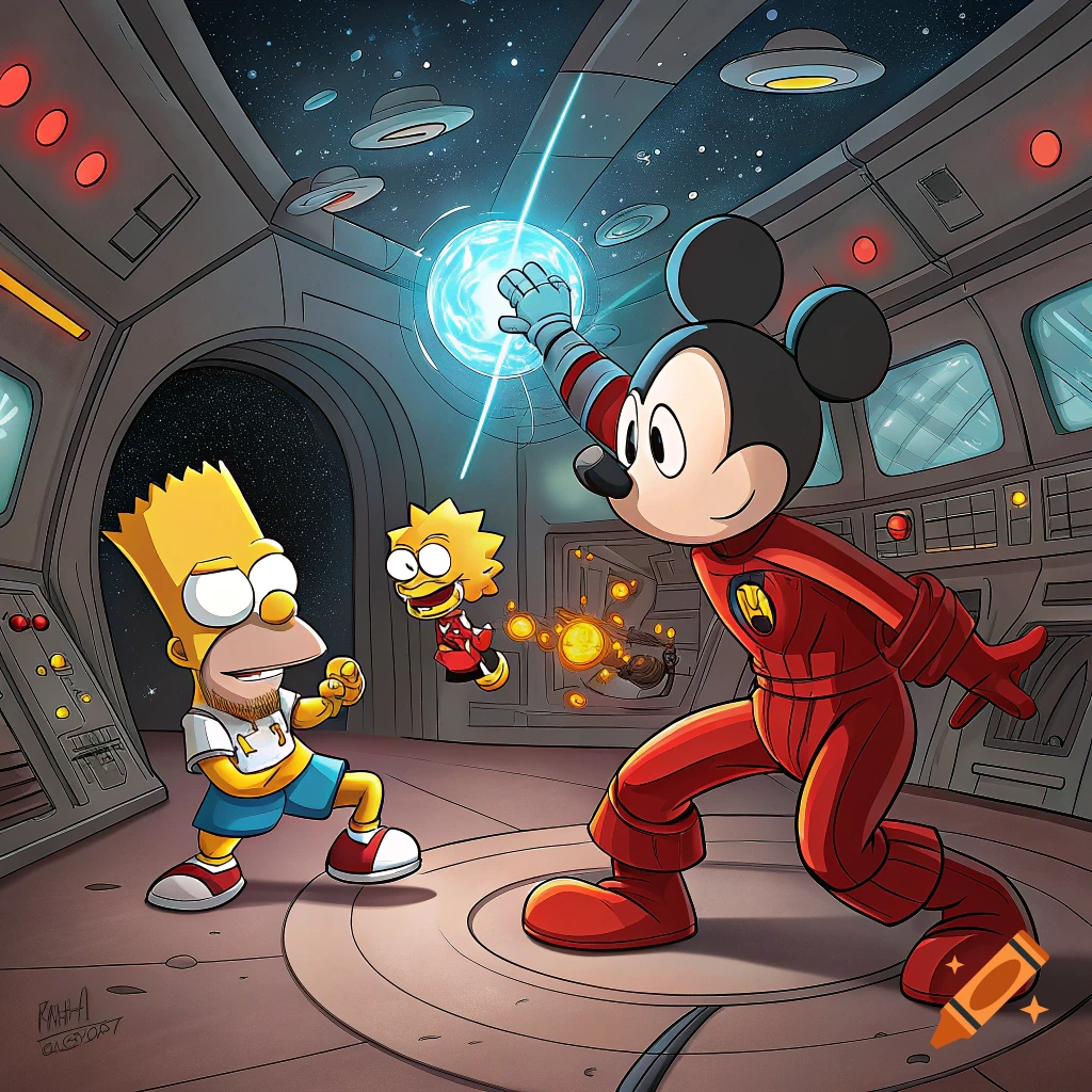 Mickey Mouse in a boat holds a rubber duck on a stormy sea with ...