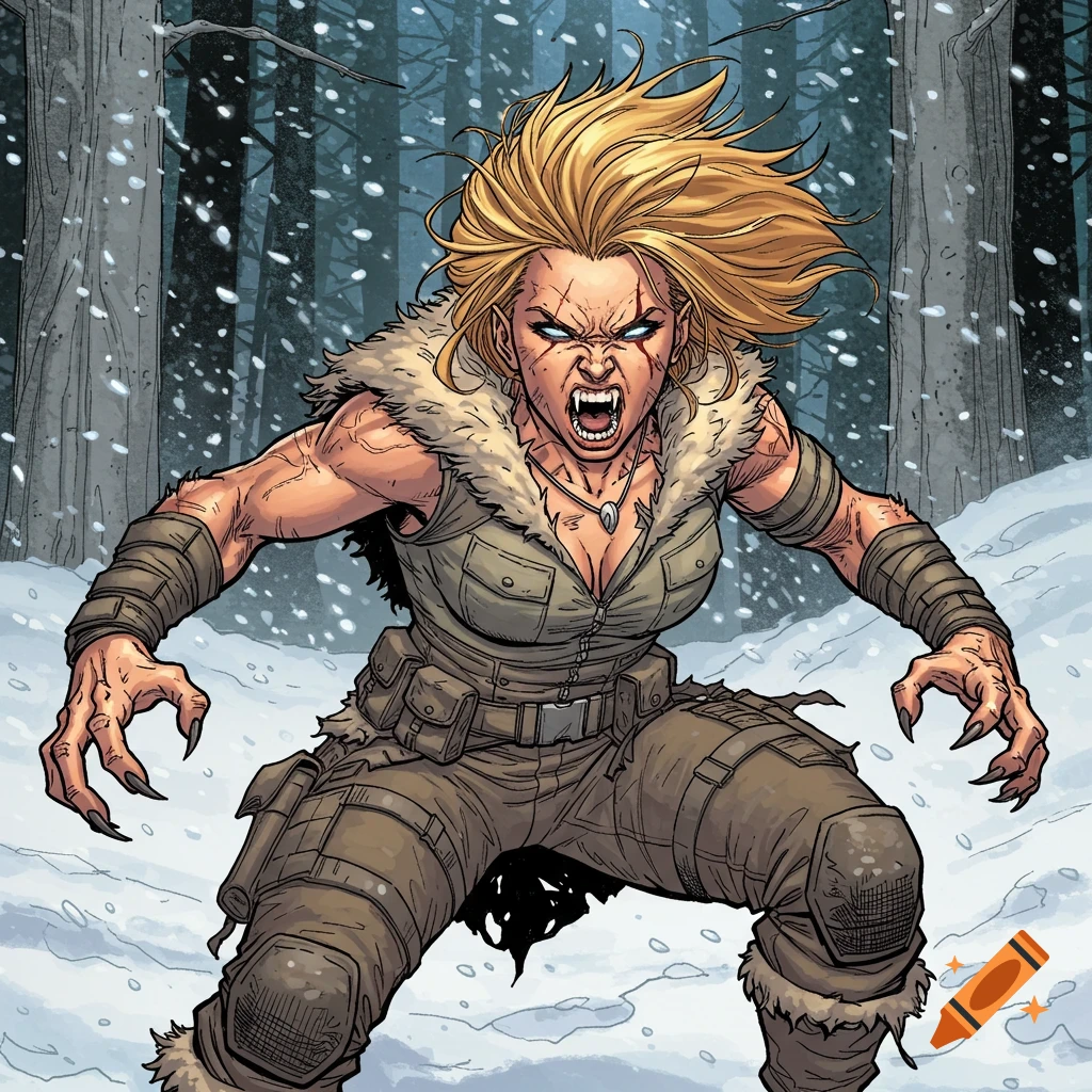 Fierce female warrior in snowy forest, comic style on Craiyon