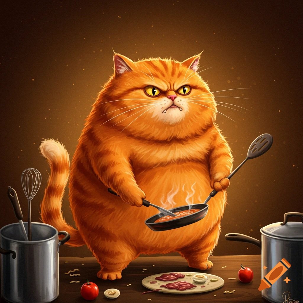 A large, overweight orange tabby cat with wide eyes stands in the ...