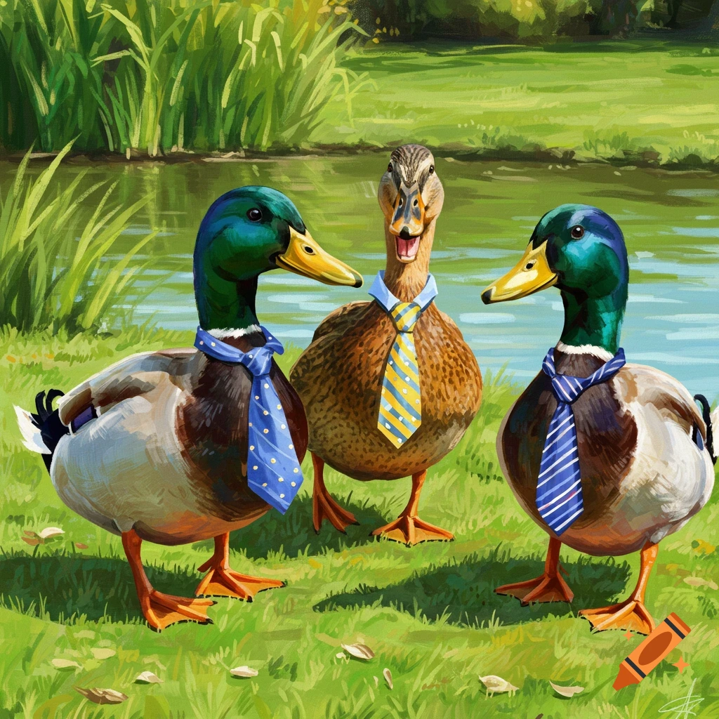 Three ducks wearing ties standing by a pond. on Craiyon