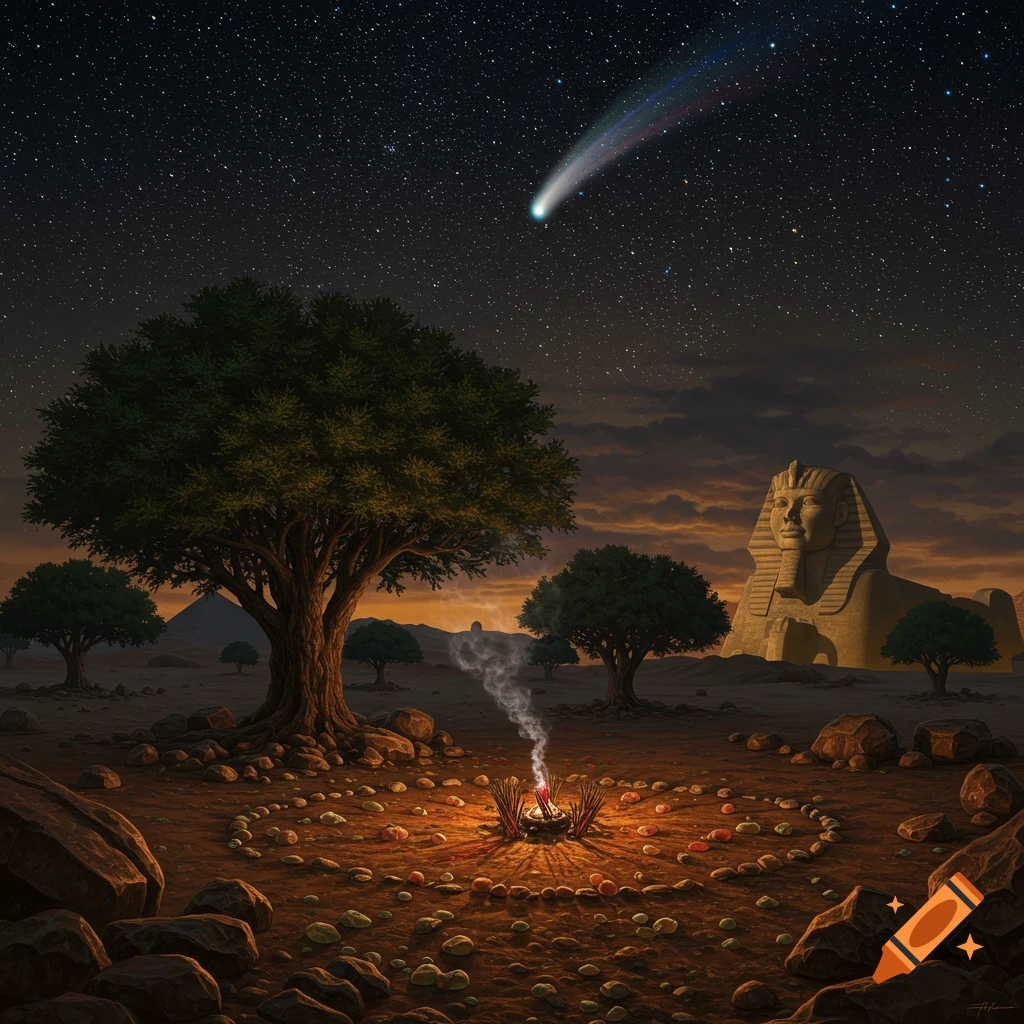 A Sphinx in a desert landscape under a starry night sky with a bright ...