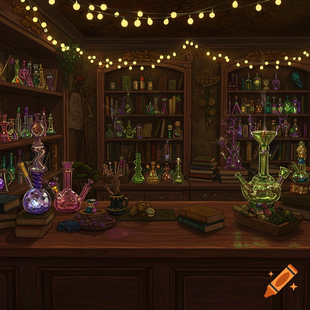 First-person view inside a bright, detailed fairy smoke shop and ...