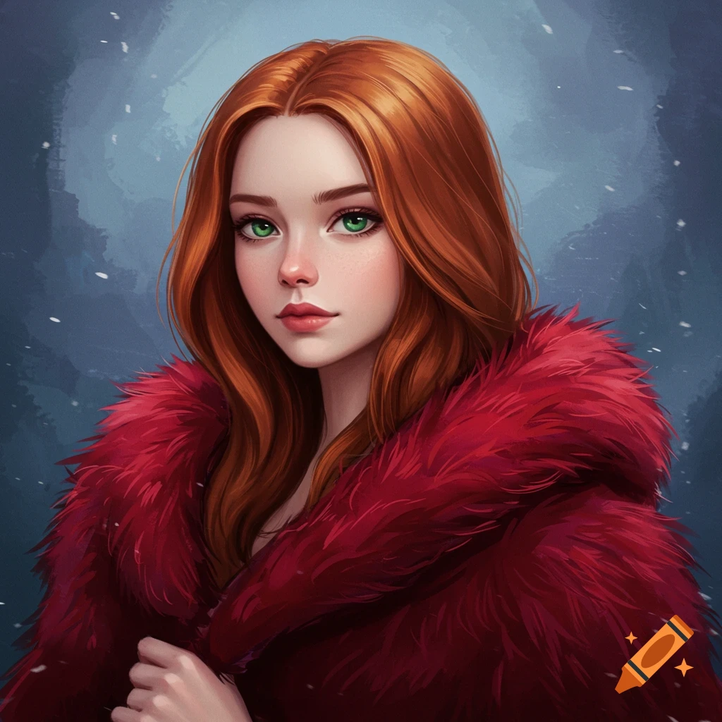 Girl with green eyes and auburn hair in a red fur cloak on Craiyon