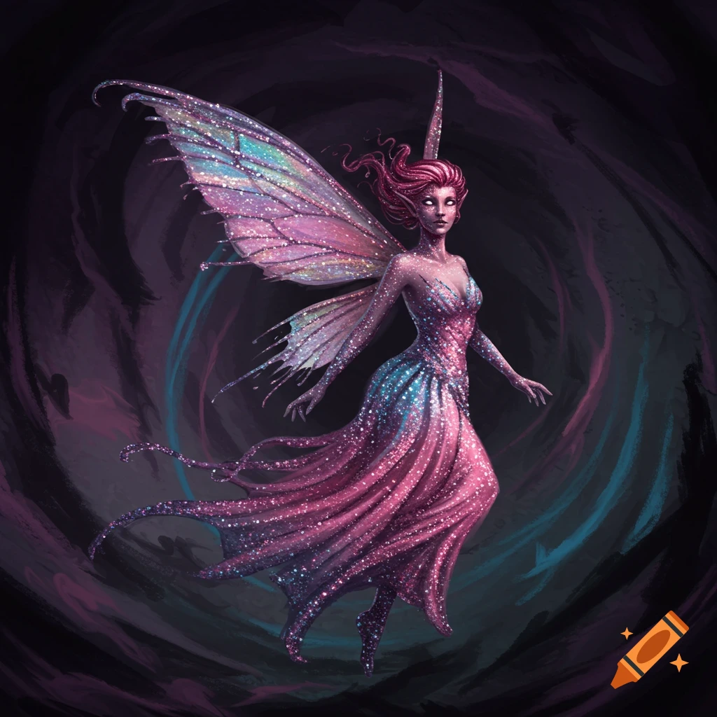 Glitter fairy from the shadow realm with pink and blue hues on Craiyon