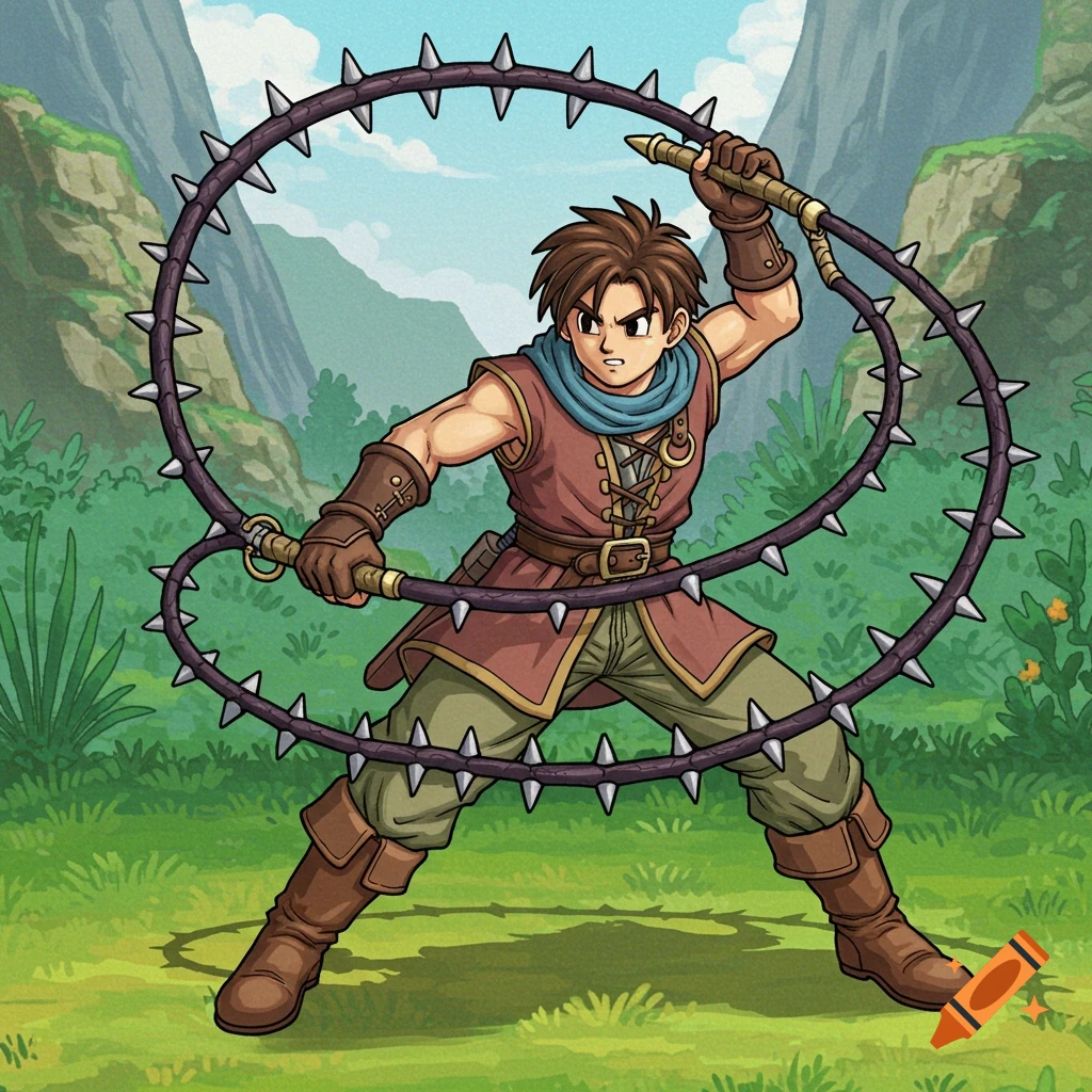 Male character wielding whip in Dragon Quest art style on Craiyon