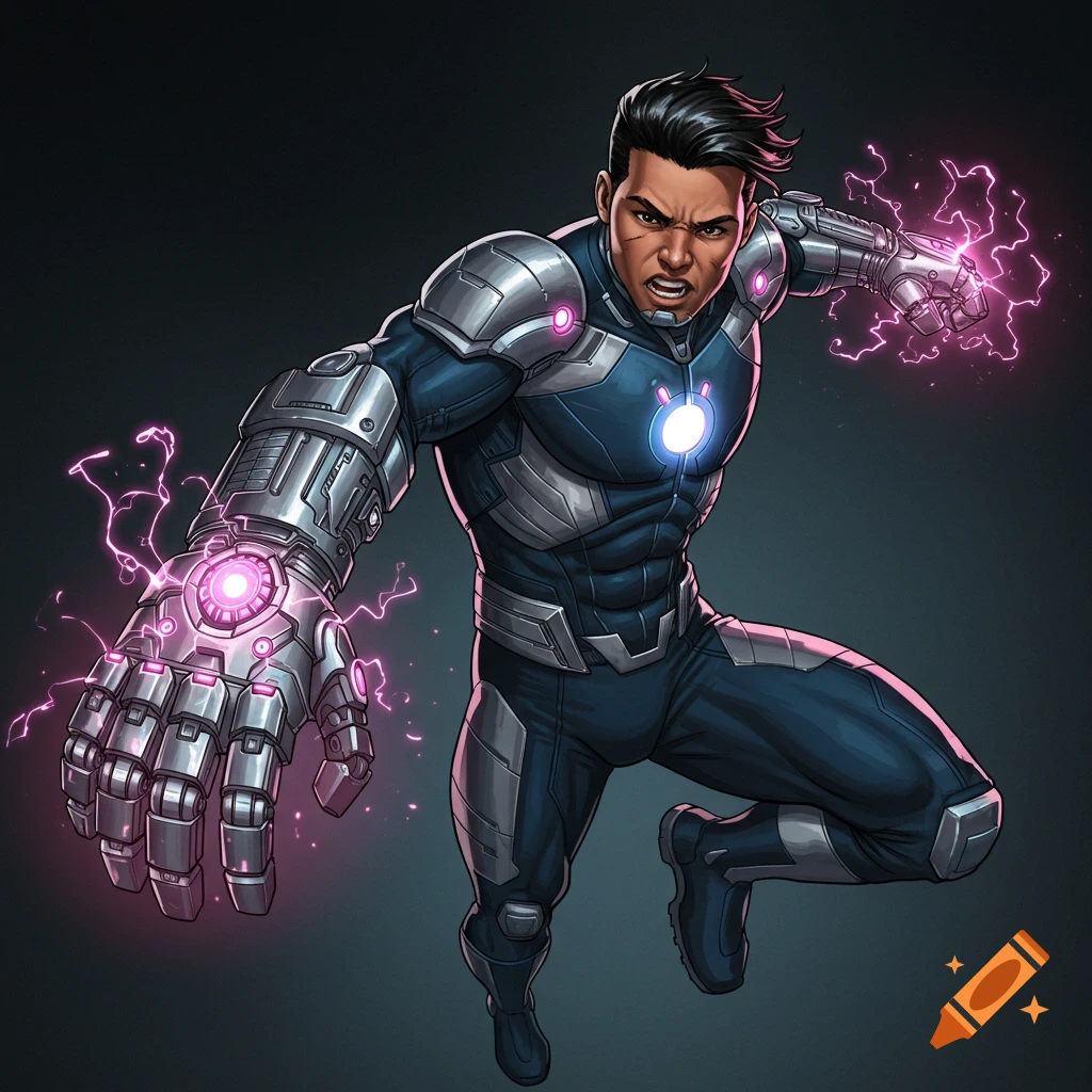 Superhero manipulating energy with hands, silver and electric blue high ...