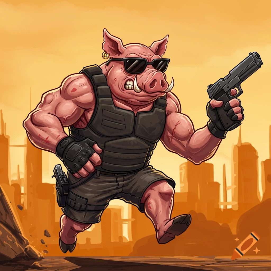 Strong pig in bulletproof vest running with gun on Craiyon