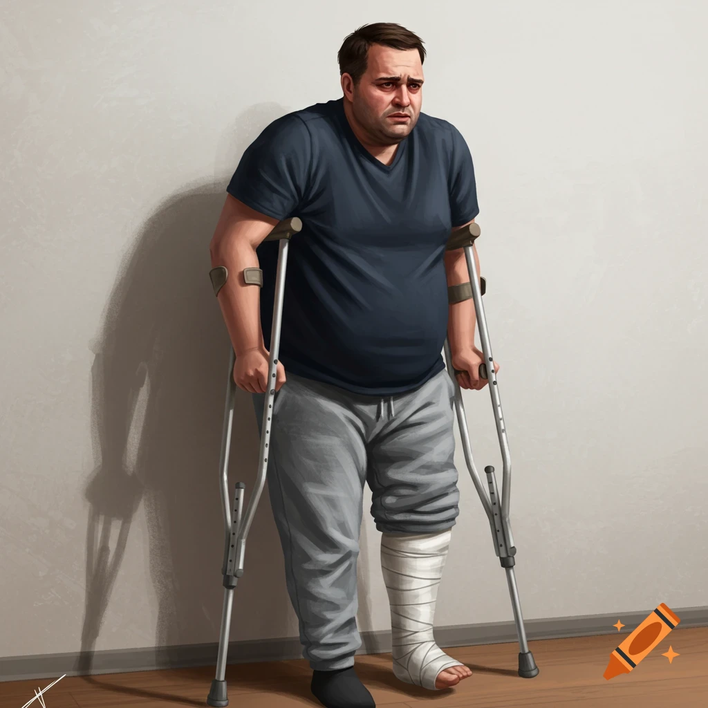 Heavy set man on crutches on Craiyon