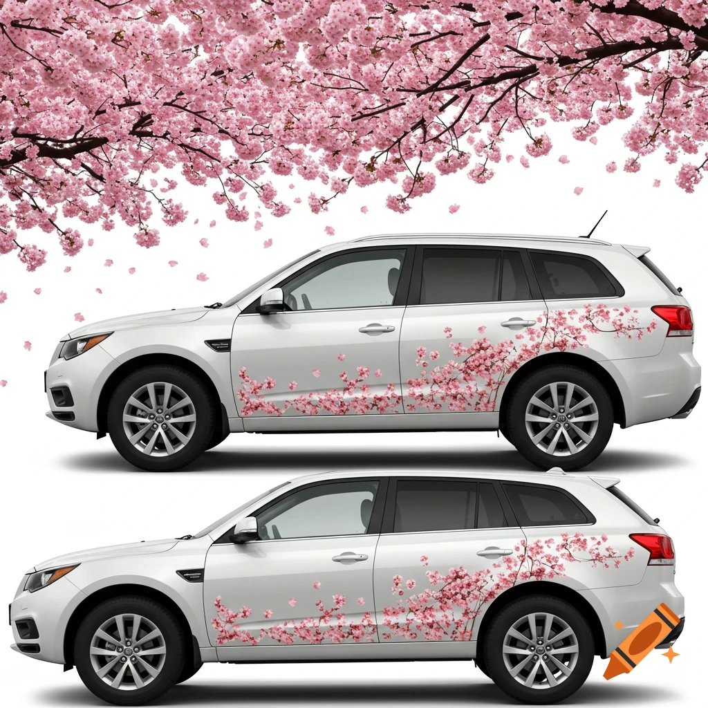 Sakura cherry blossom decal on a white 2017 SUV. on Craiyon
