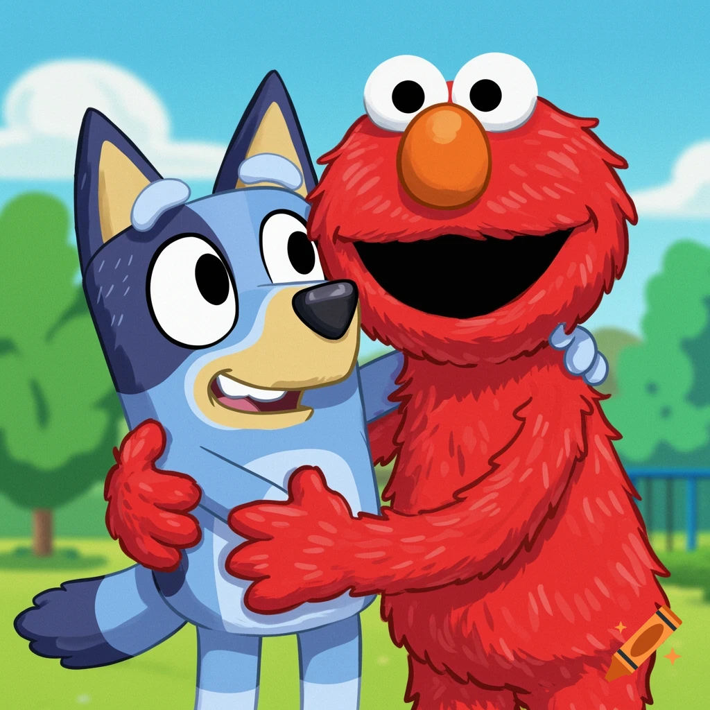 Bluey and Elmo hug in a bright cartoon style. on Craiyon