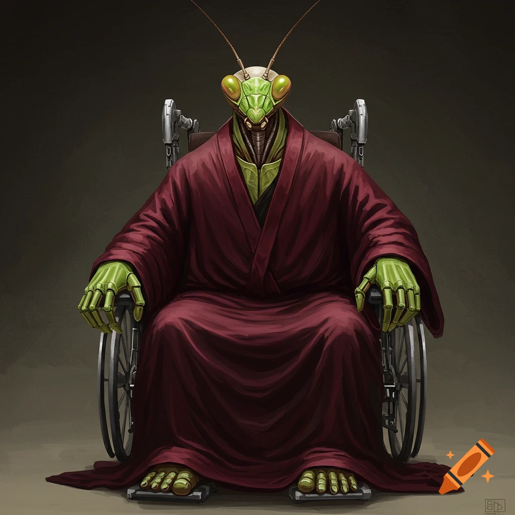 Man/praying mantis hybrid in red robe with robotic wheelchair. on Craiyon