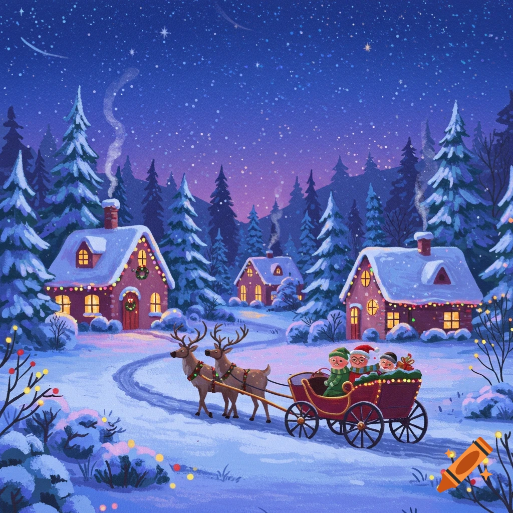 Musicians walking on Christmas path with fir trees on either side on ...