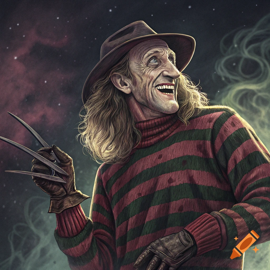 Portrait of a scarred man in a hat and striped sweater, holding a ...