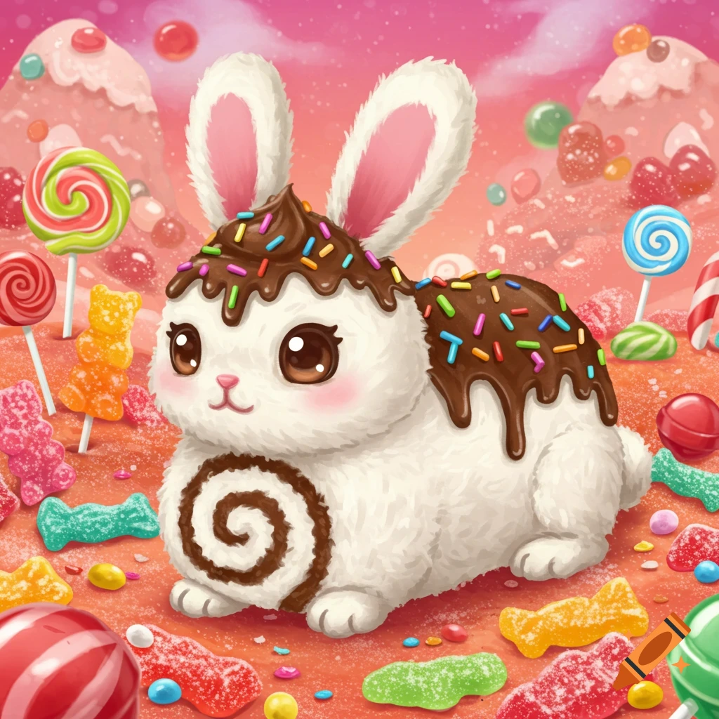 Roll cake rabbit with candy background on Craiyon
