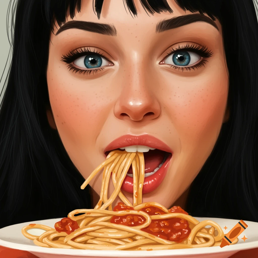 Woman with black hair and blue eyes eating spaghetti on Craiyon