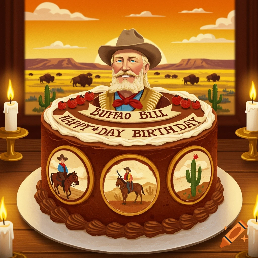 A birthday cake for Buffalo Bill, decorated with a portrait and western ...