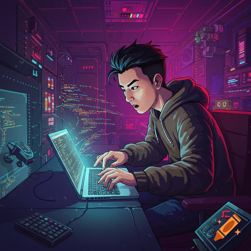 Man and robot collaborating on computer work on Craiyon