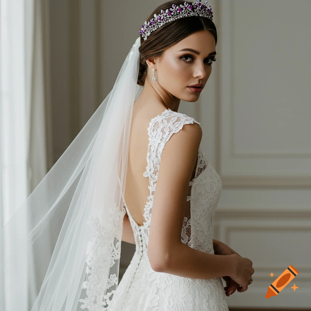 Woman in a lace wedding dress with an open back, veil, and purple ...