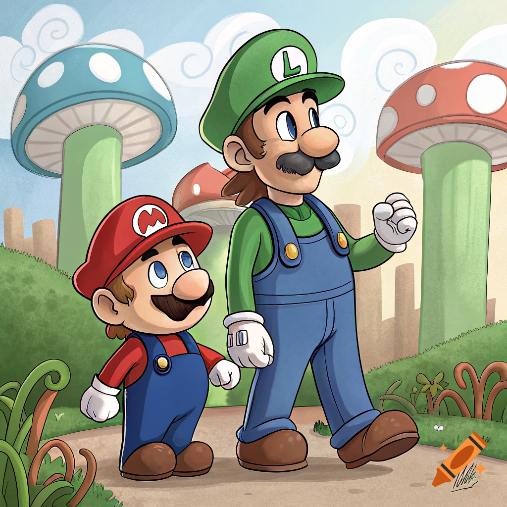 Cartoon illustration of Mario, Luigi, Bob, Fishy Boopkins, and a ghost character in a bright ...