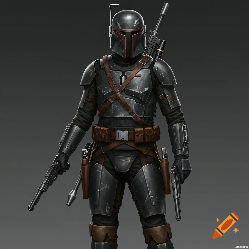 Bounty hunter in dark armor with dual pistols and sniper rifle on Craiyon