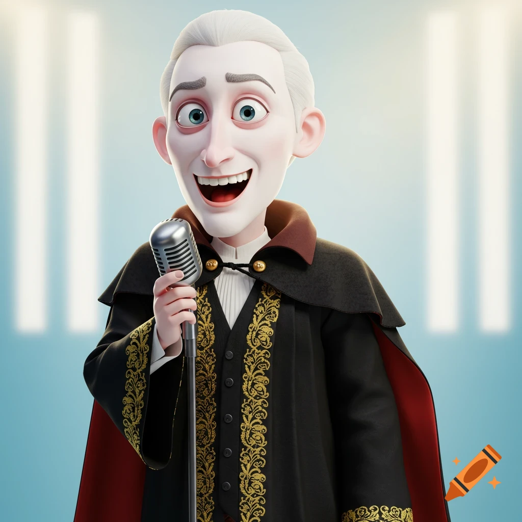 Cartoony man in black robe holding a microphone on Craiyon