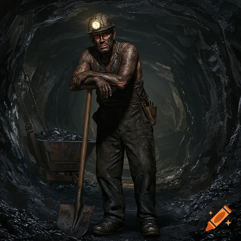 A dirty, tired coal miner leans on a shovel in a dark mine. on Craiyon