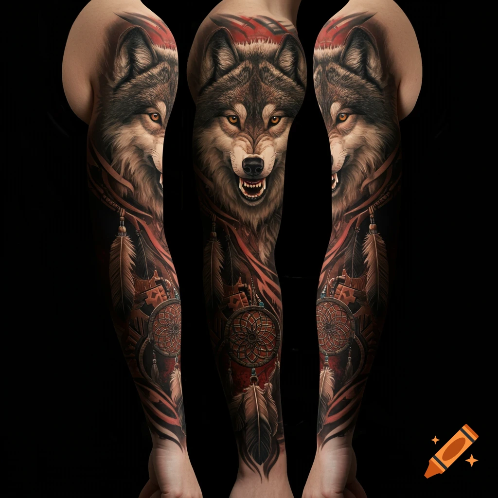Realistic full arm tattoo of a snarling wolf head and tribal designs ...