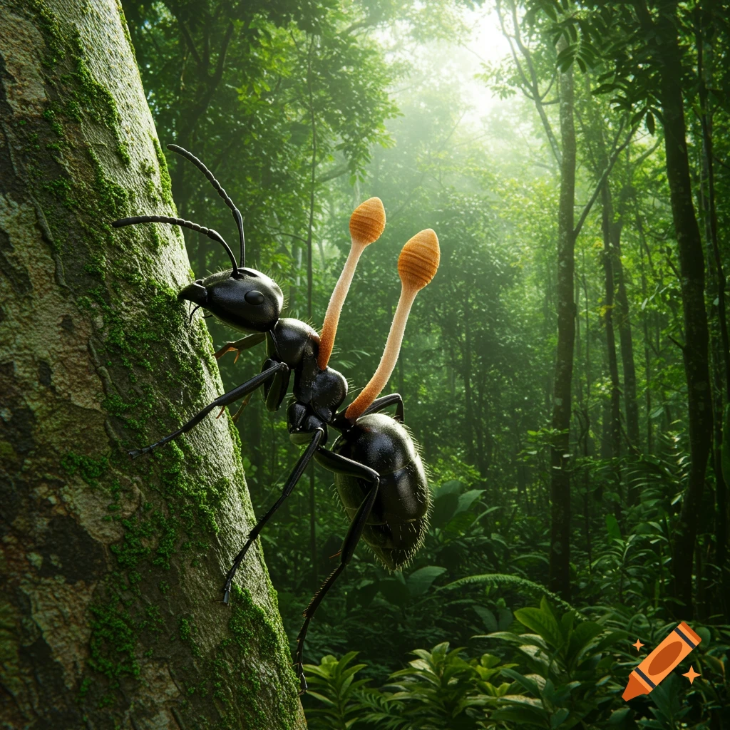 Realistic ant with cordyceps fungi on tree in jungle on Craiyon