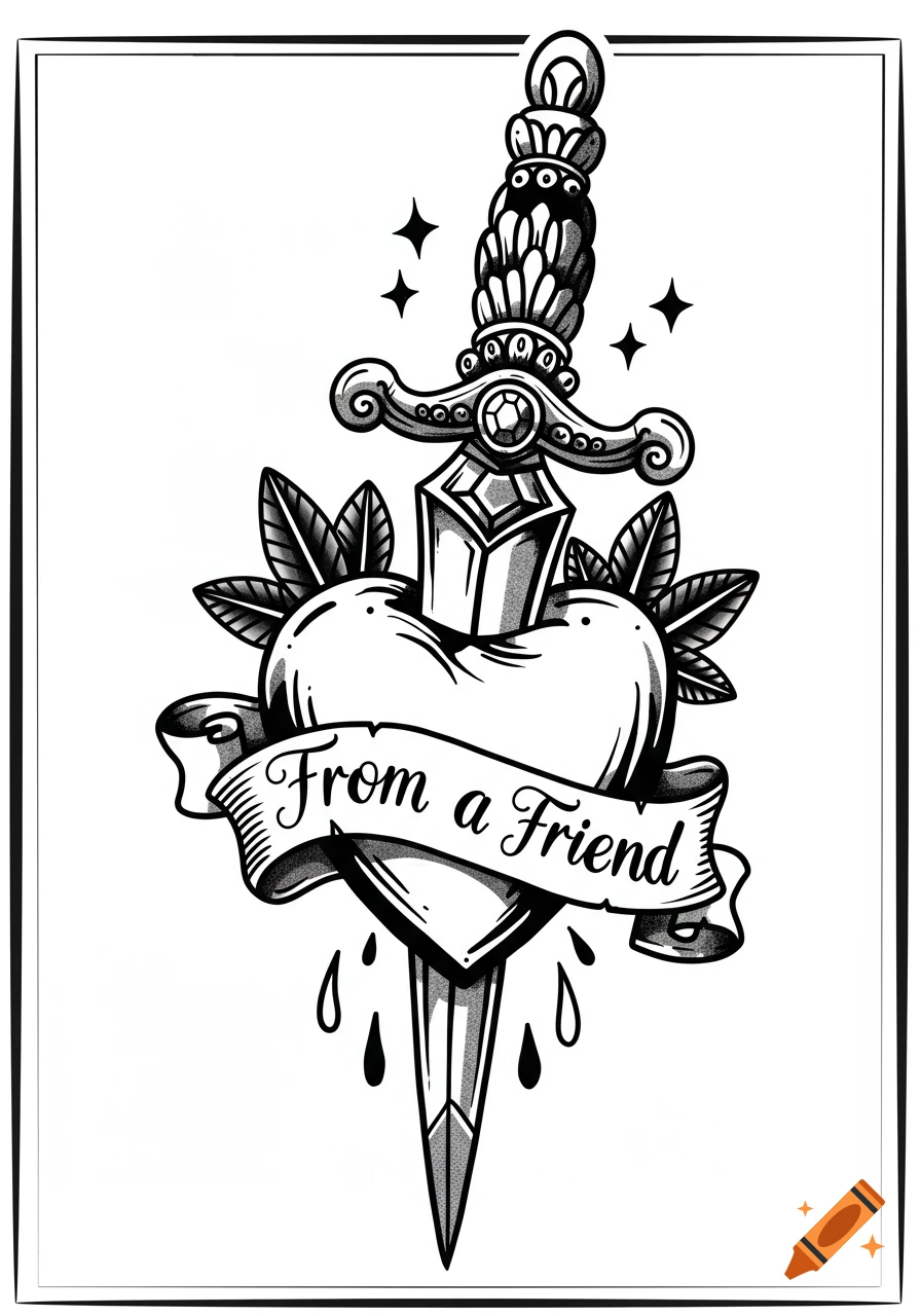 Traditional tattoo design of a dagger wrapped in a banner reading ...