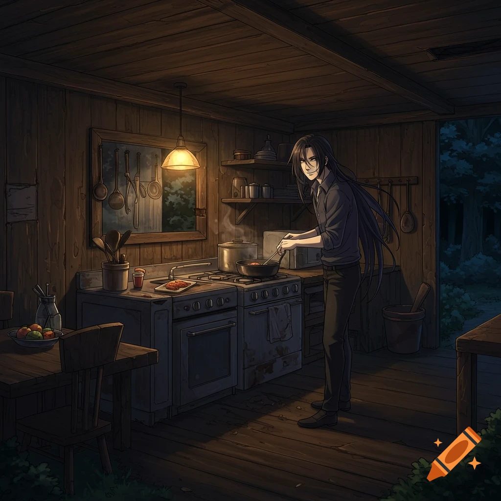 Anime man cooking in a rustic wooden cottage kitchen. on Craiyon