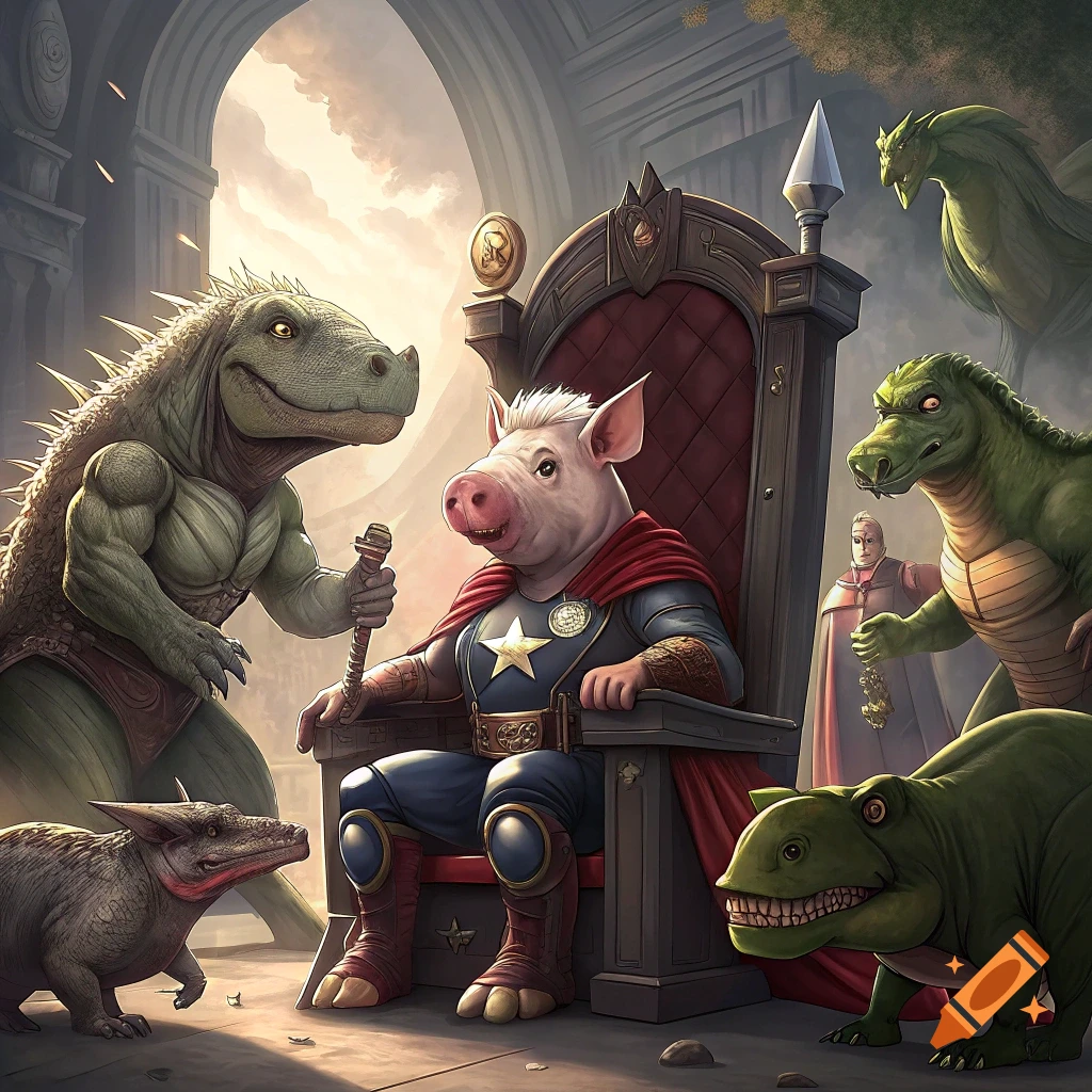 Pig in wig on throne with dinosaur Avengers on Craiyon