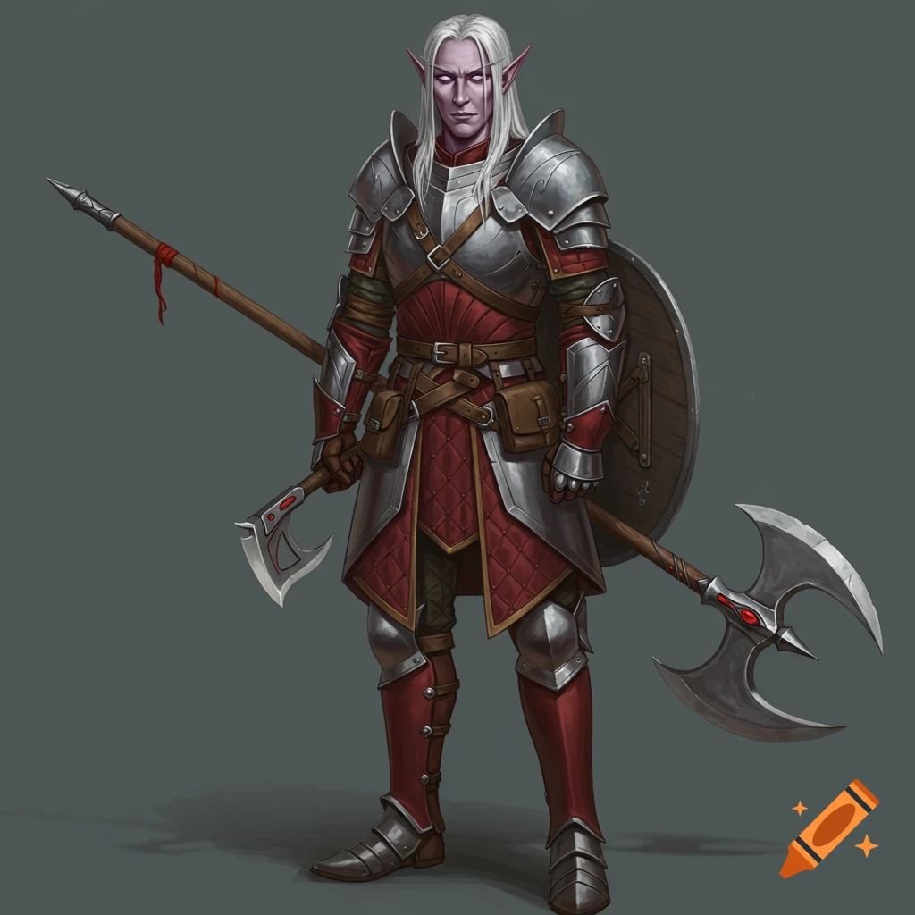 Elven paladin in plate armor with red leather, throwing axe, shield ...