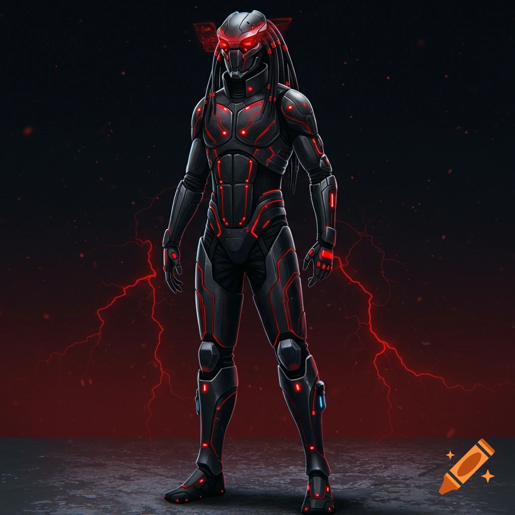 Cyberpunk character with jet black armor and red accents on Craiyon