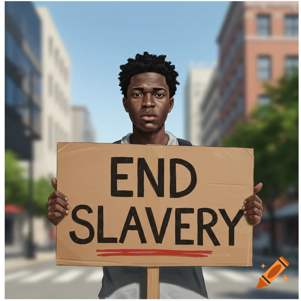 A young Black man holding a sign that says "END SLAVERY" in a blurred ...