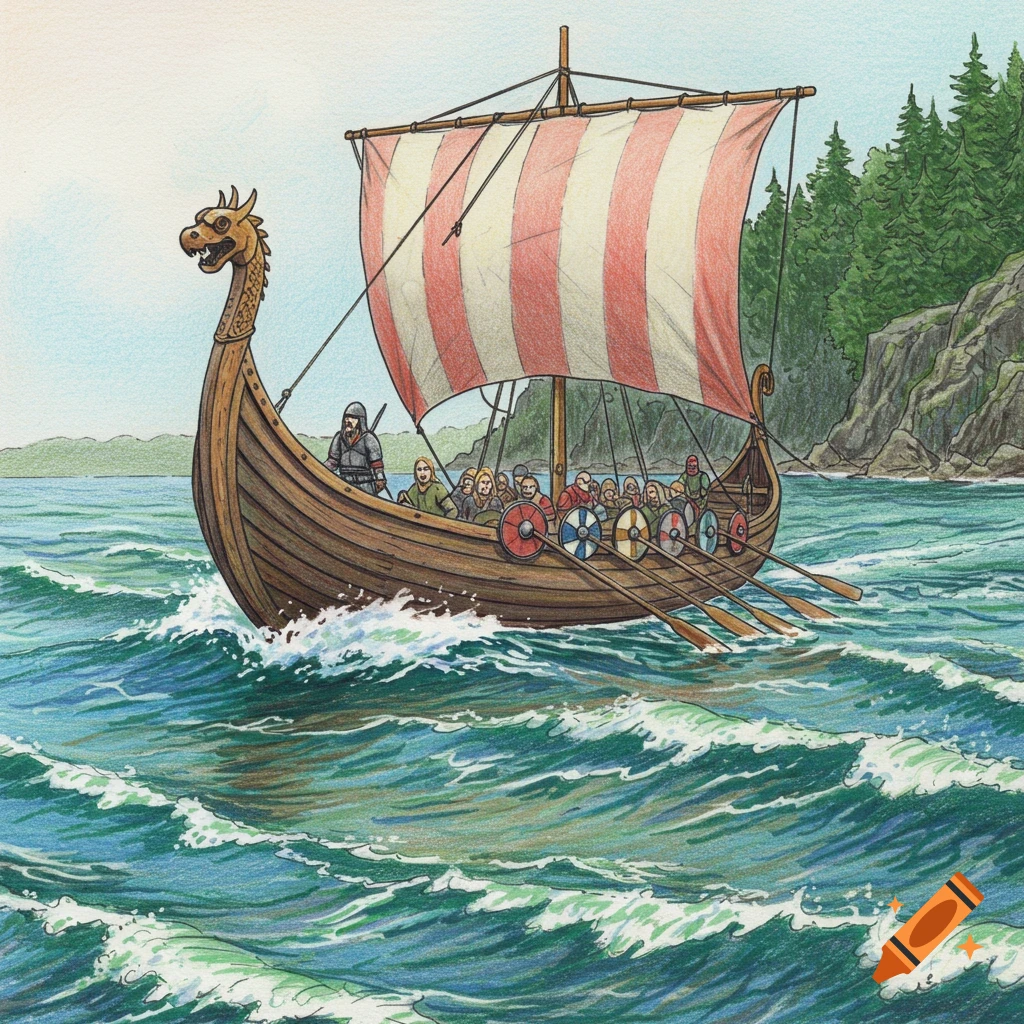 Color pencil drawing of a Viking ship with many people rowing at sea ...