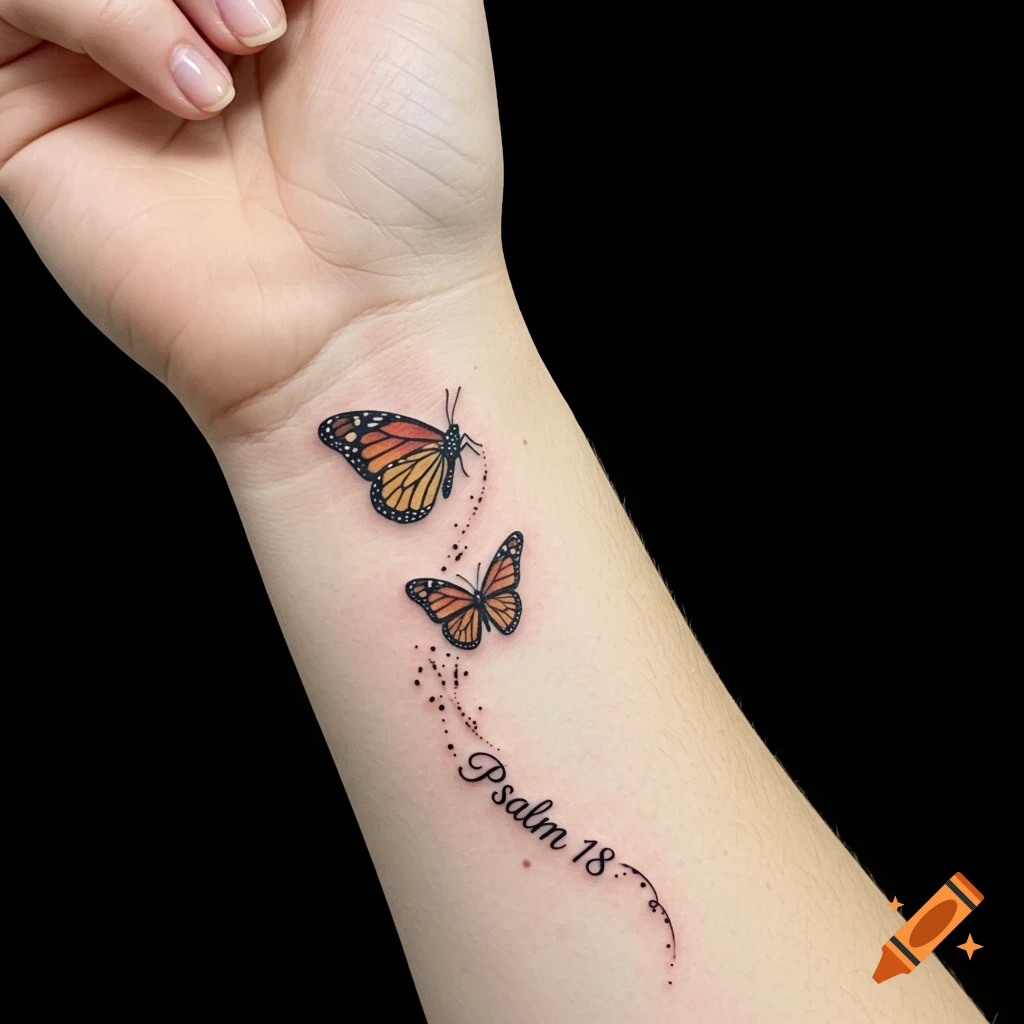 Monarch butterfly tattoo design with flight trail and Psalm 18 text. on ...