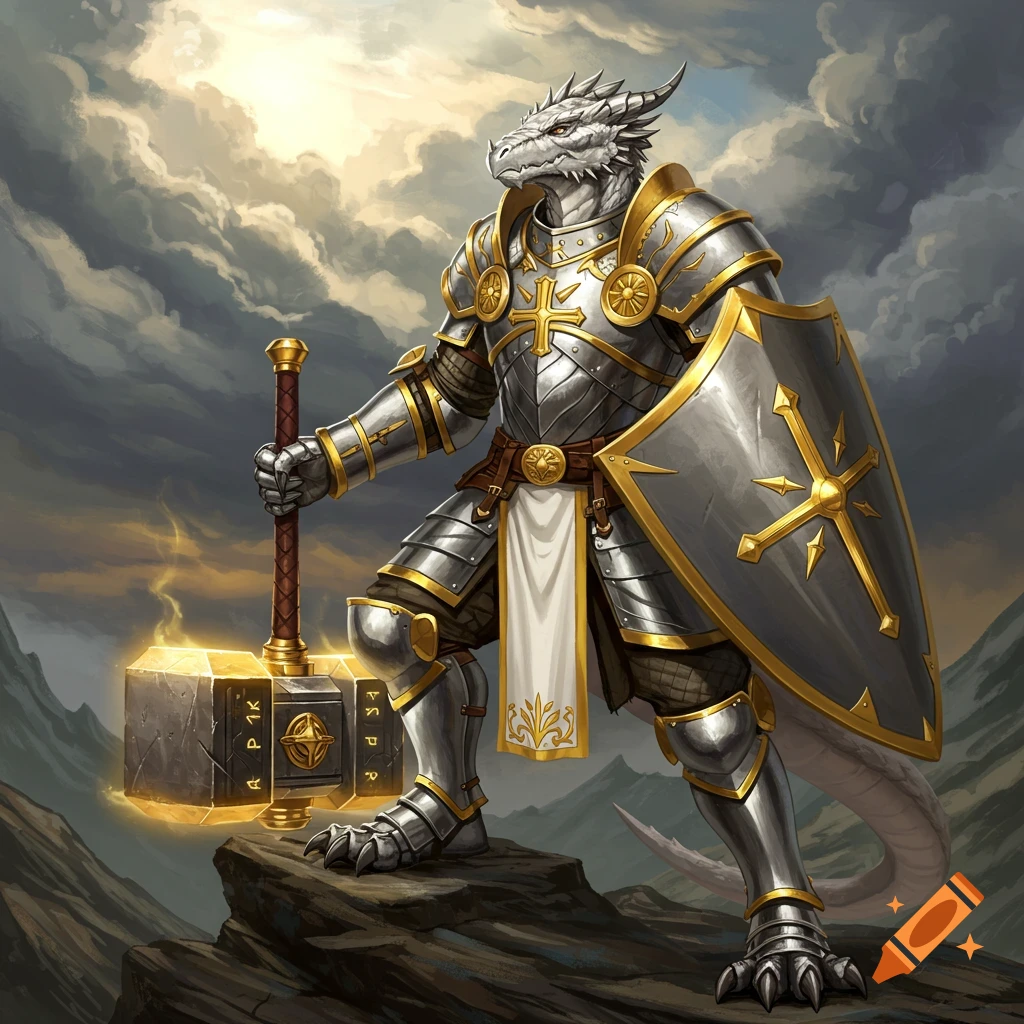 Noble Silver Dragonborn Paladin with Warhammer and Shield on Craiyon