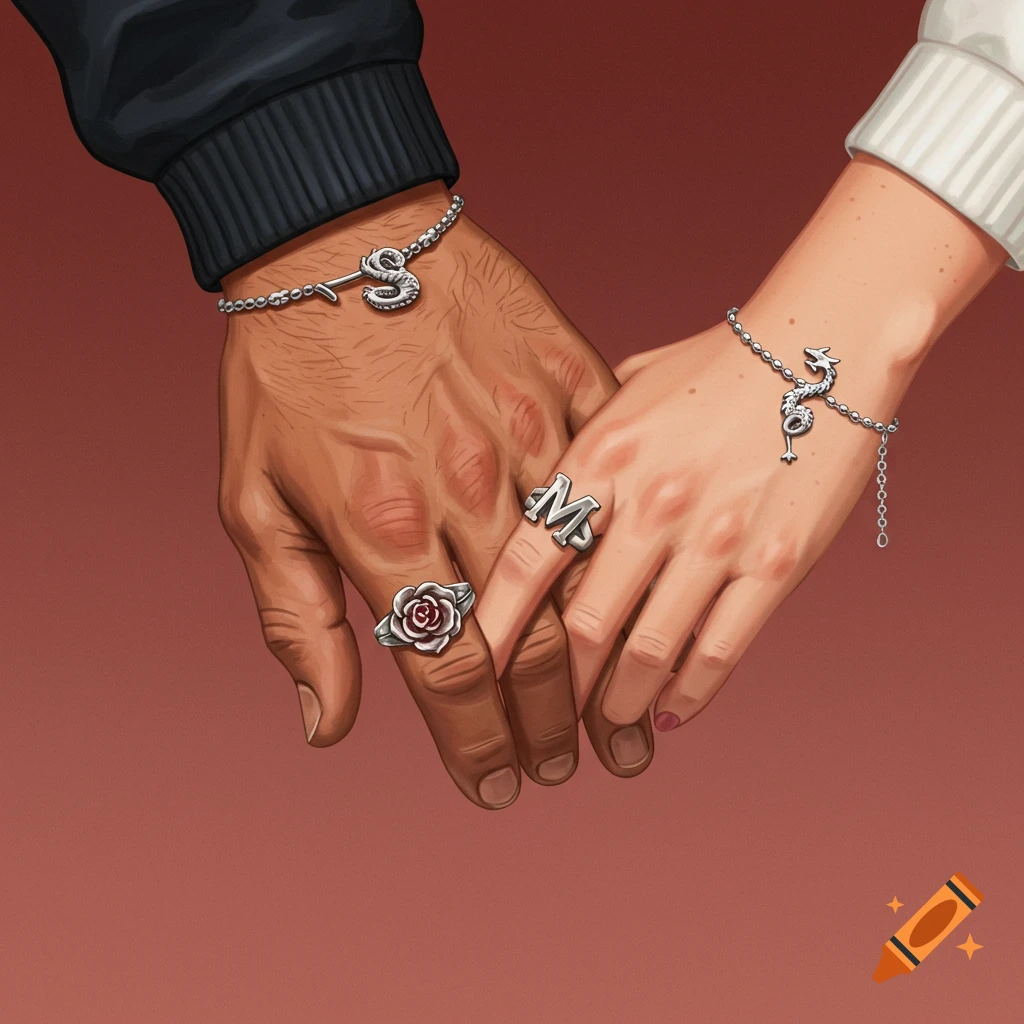Two people holding hands, showing male hand with silver rings and ...