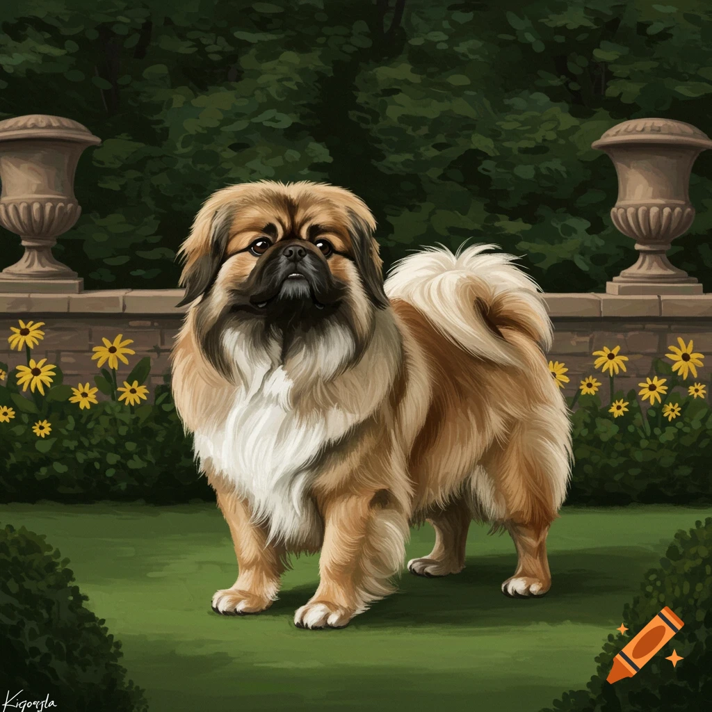 A long-haired dog standing in a garden with yellow flowers and stone ...