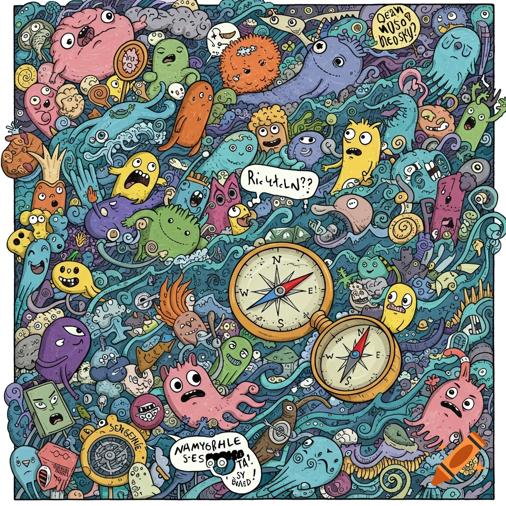 A crowded cartoon drawing of colorful, blob-like monsters and sea ...