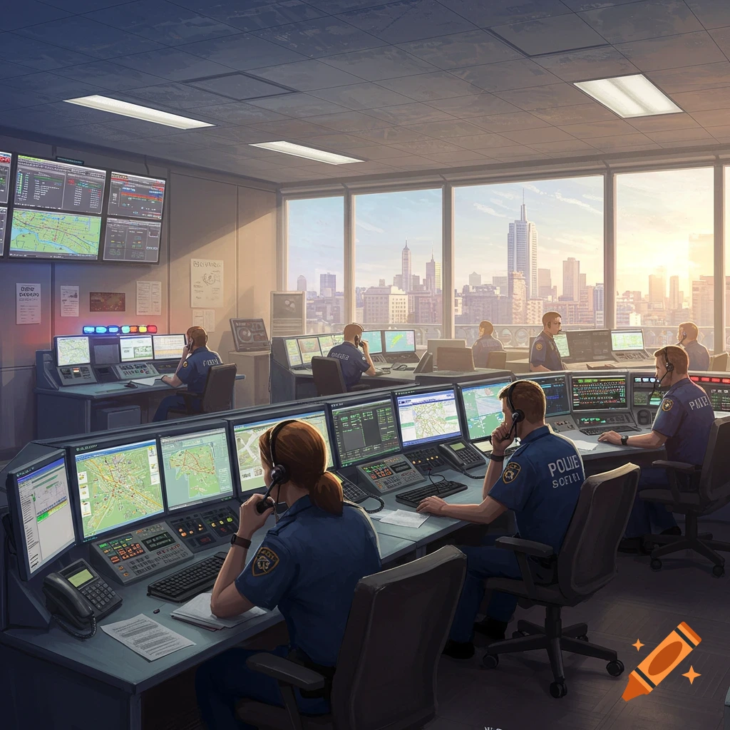 Morning at a 9-1-1 dispatch center on Craiyon