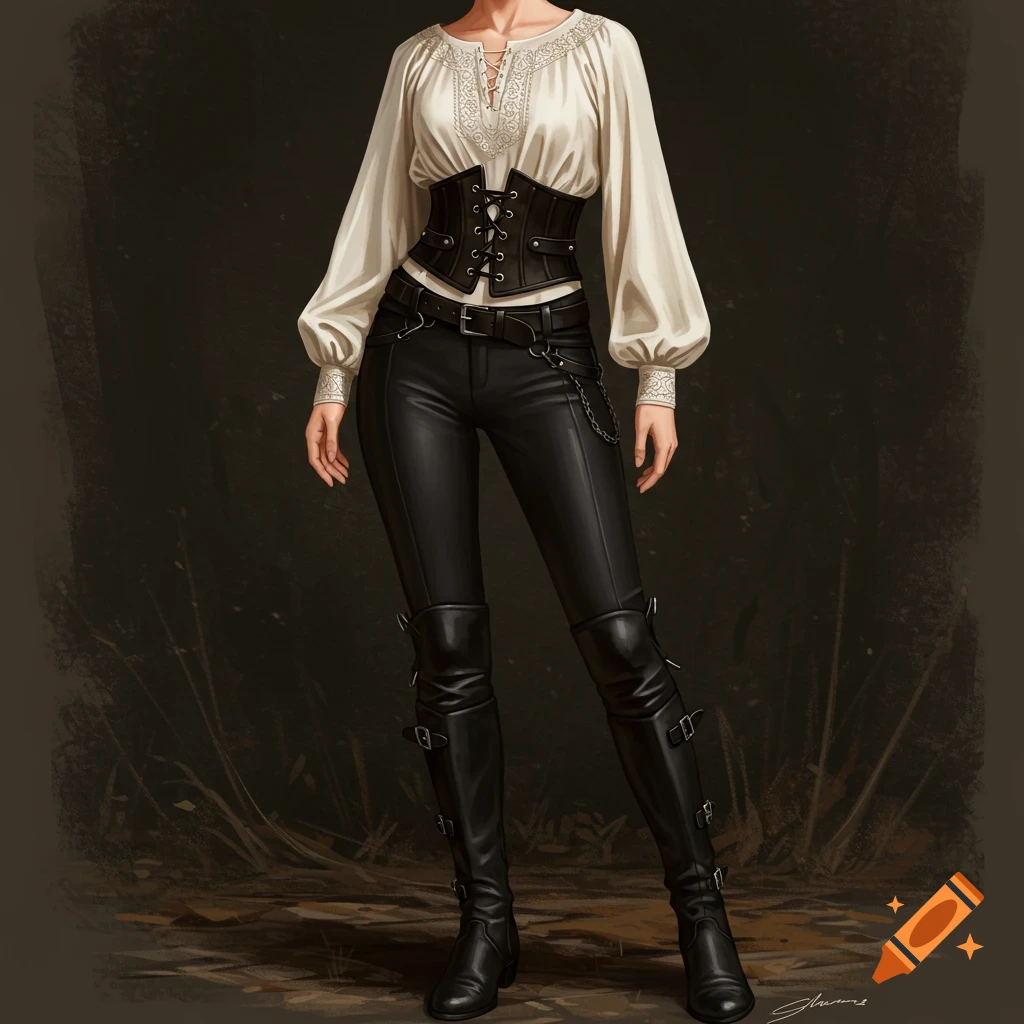 White long sleeve blouse with black leather bodice, black pants, and ...